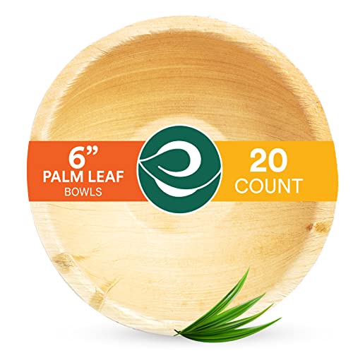 ECO SOUL 100% Compostable Large 6 Inch 16 Oz Palm Leaf Bowls [20-Pack] Disposable Dessert Bamboo Style I Heavy Duty Eco-Friendly Sturdy Bowl Biodegradable Eco