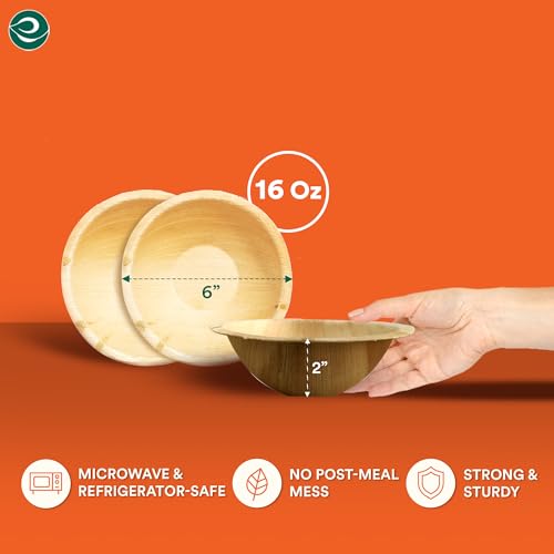 ECO SOUL 100% Compostable Large 6 Inch 16 Oz Palm Leaf Bowls [20-Pack] Disposable Dessert Bamboo Style I Heavy Duty Eco-Friendly Sturdy Bowl Biodegradable Eco