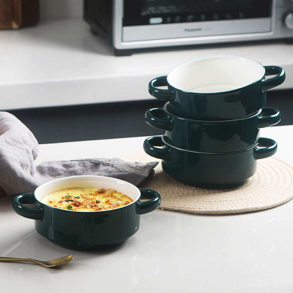 Sweejar Ceramic Soup Bowls with Double Handles, 20 Oz Stacked Bowls for French Onion Soup, Cereal, Pot Pies, Stew, Chill, Pasta, Set of 4 (Jade)