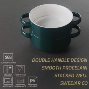 Sweejar Ceramic Soup Bowls with Double Handles, 20 Oz Stacked Bowls for French Onion Soup, Cereal, Pot Pies, Stew, Chill, Pasta, Set of 4 (Jade)