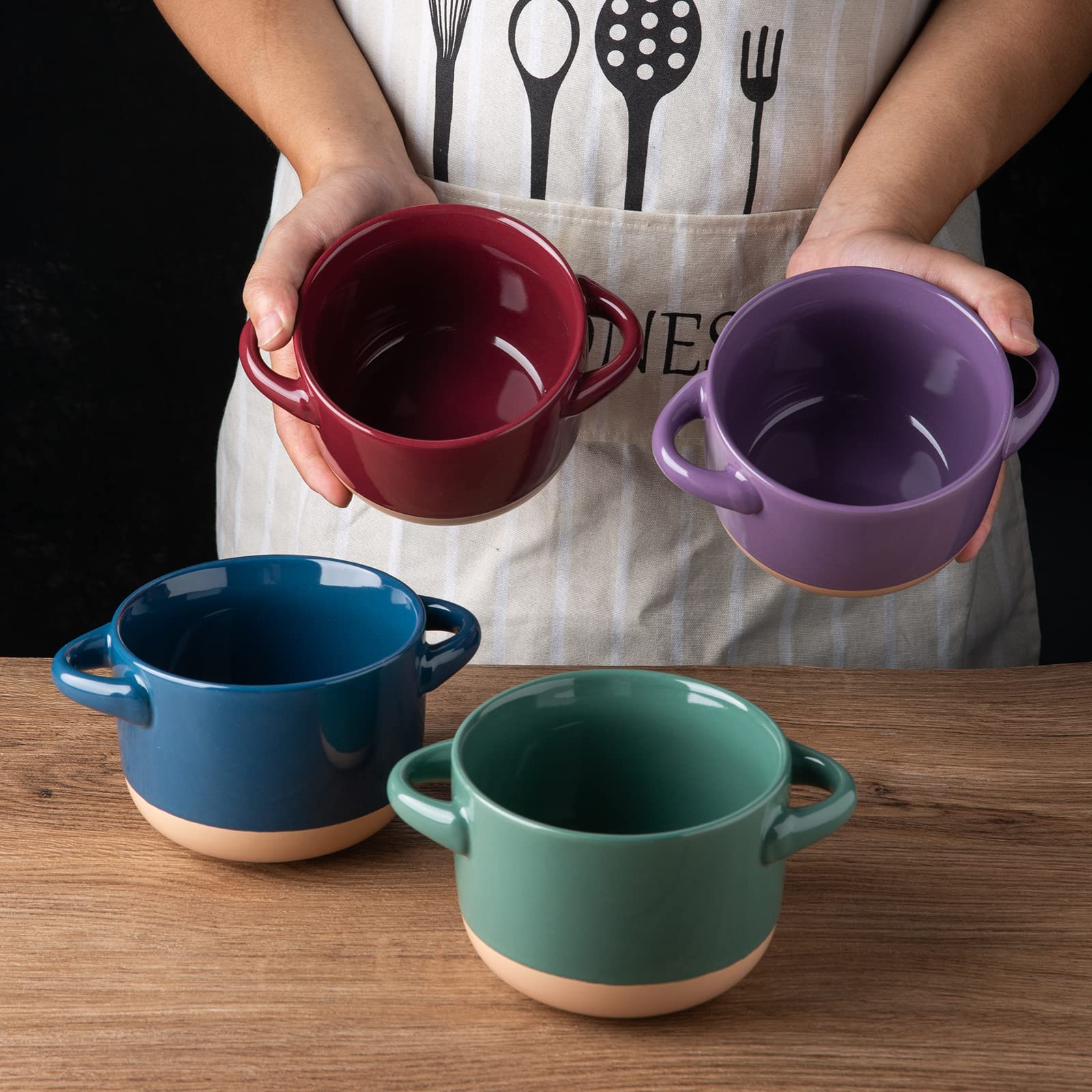 AmorArc 24 Ounces Soup Bowls with Large Handles and Lids, Stoneware Bowls Set of 2 for Soup, Cereal, Stew, Noodle, Colourful Ceramic Kitchen Bowls, Microwave&Dishwasher Safe, Blue&Red