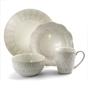 Elama Elegant Round Embossed Stoneware High Class Dinnerware Dish Set, 16 Piece, White