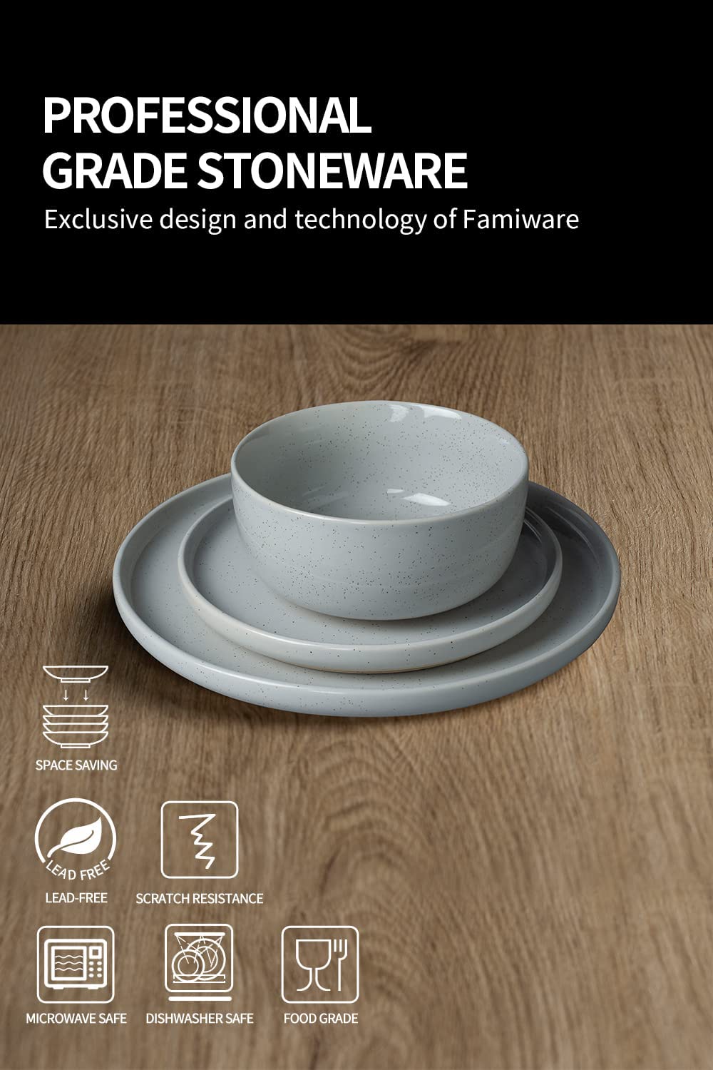 Famiware Milkyway Plates and Bowls Set, 12 Pieces Dinnerware Sets, Dishes Set for 4, Light Gray