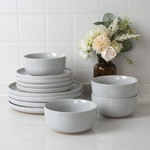 Famiware Milkyway Plates and Bowls Set, 12 Pieces Dinnerware Sets, Dishes Set for 4, Light Gray