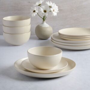 Gibson Home Rockaway Round Stoneware Dinnerware Set, Service for 4 (12pcs), Cream