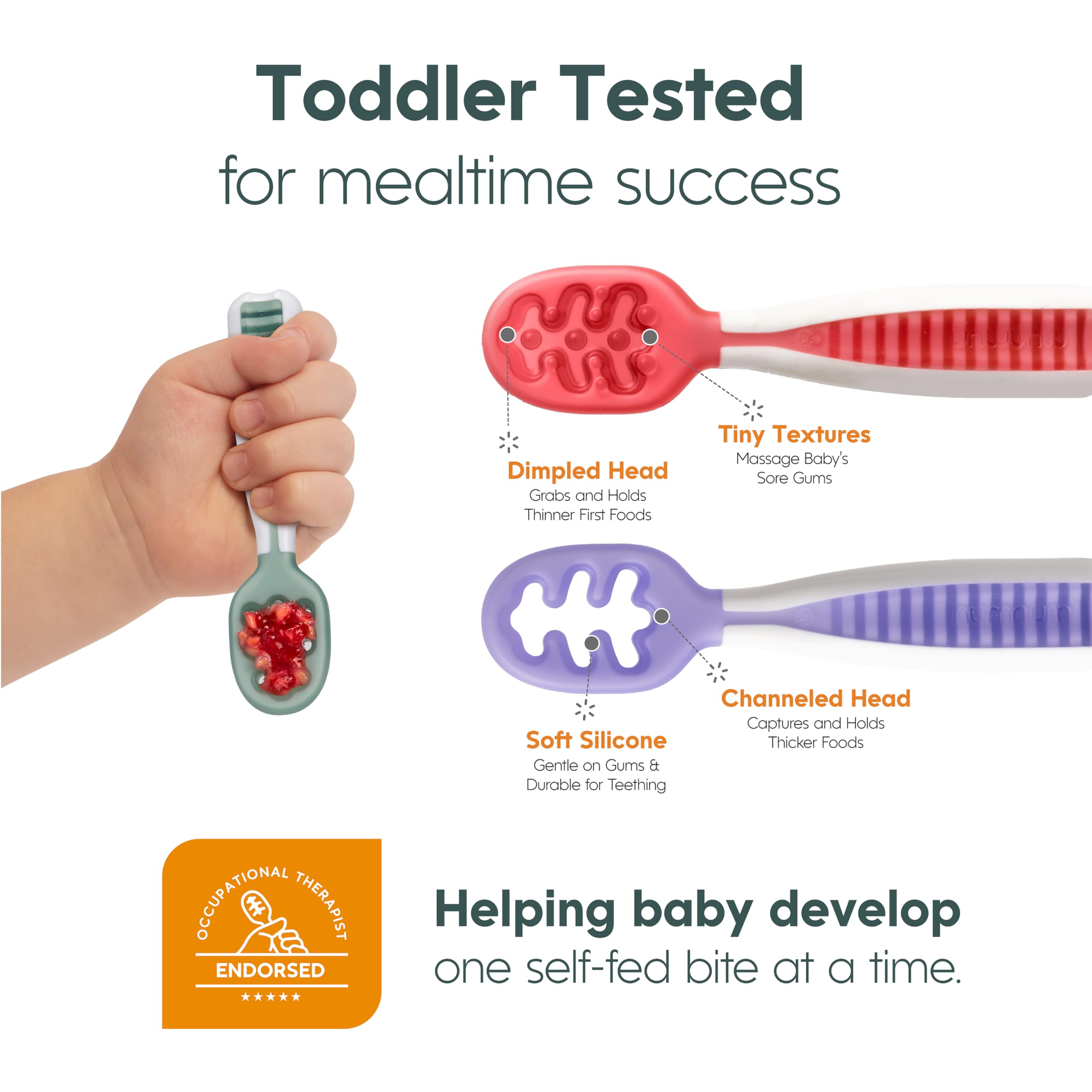 NumNum Baby Spoons Set, Pre-Spoon GOOtensils for Kids Aged 6+ Months - First Stage, Baby Led Weaning (BLW) Teething Spoon - Self Feeding, Silicone Toddler Food Utensils - 2 Spoons, Blue/Orange