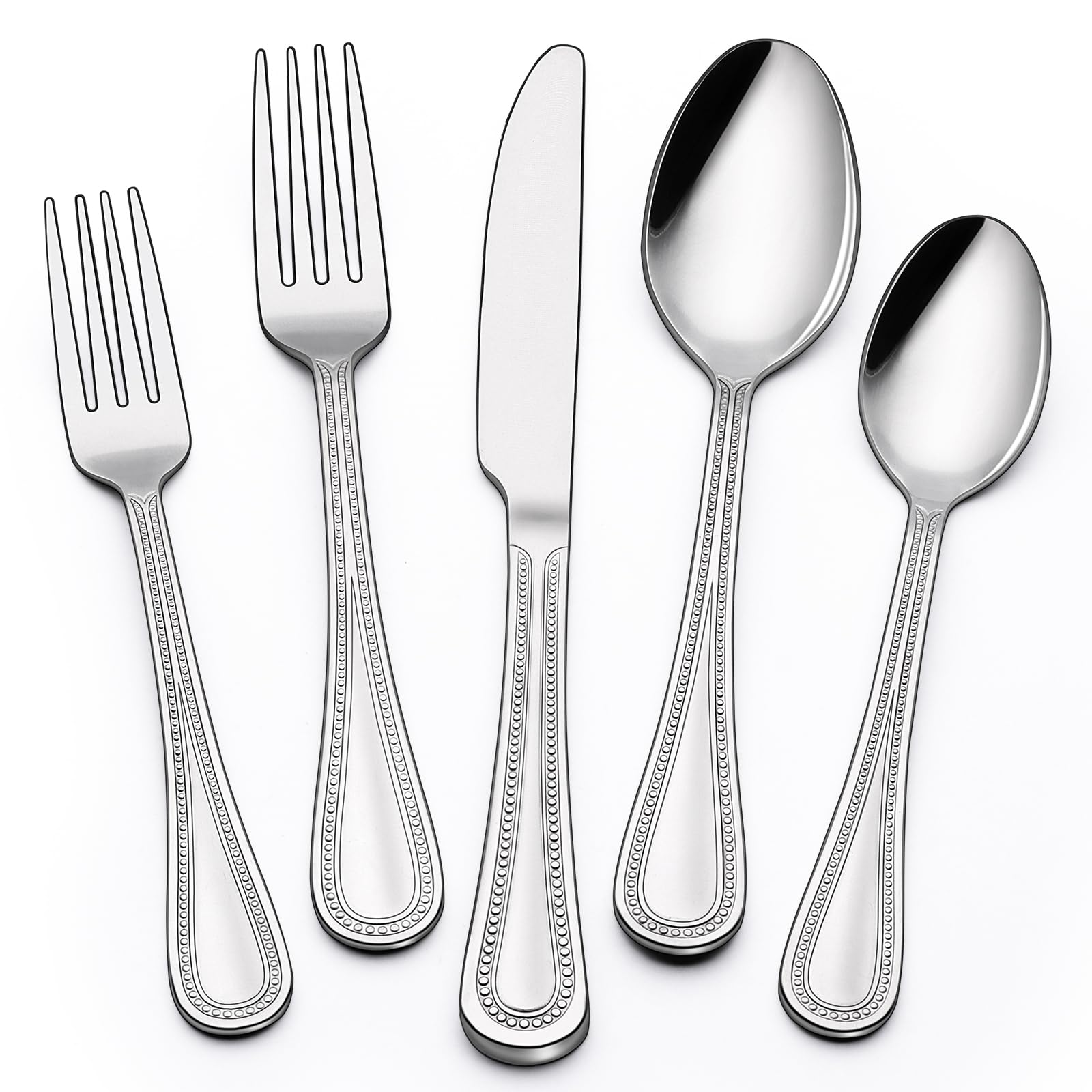 60-Piece Silverware Set, Stainless Steel Flatware Set for 12, Pearled Edge Food-Grade Tableware Cutlery Set, Utensil Sets for Home Restaurant, Mirror Finish, Dishwasher Safe