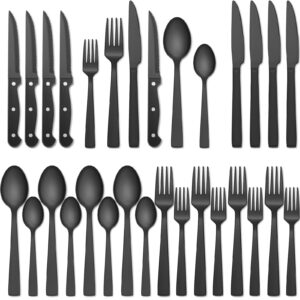 black silverware set, umit chef 48pcs black flatware set with steak knives for 8, food-grade stainless steel flatware utensils set, cutlery set for home kitchen and restaurant