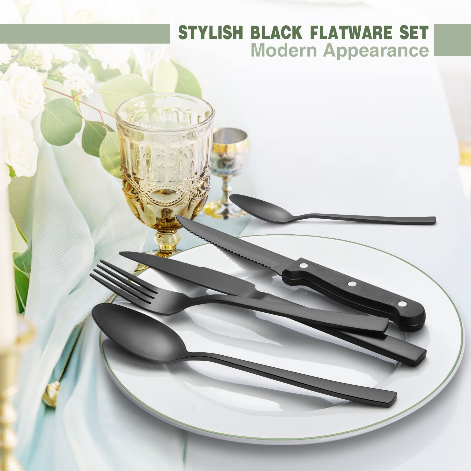 Black Silverware Set, Umit Chef 48Pcs Black Flatware Set with Steak Knives for 8, Food-Grade Stainless Steel Flatware Utensils Set, Cutlery Set for Home Kitchen and Restaurant