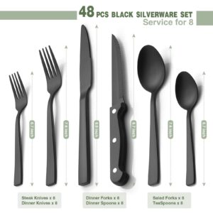 Black Silverware Set, Umit Chef 48Pcs Black Flatware Set with Steak Knives for 8, Food-Grade Stainless Steel Flatware Utensils Set, Cutlery Set for Home Kitchen and Restaurant