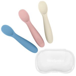 weesprout baby spoons for self feeding 6 months +, soft & chew proof durable silicone utensils for sensitive gums & teeth, easy grip handles & shorter length for little hands, 3 pack + carrying case