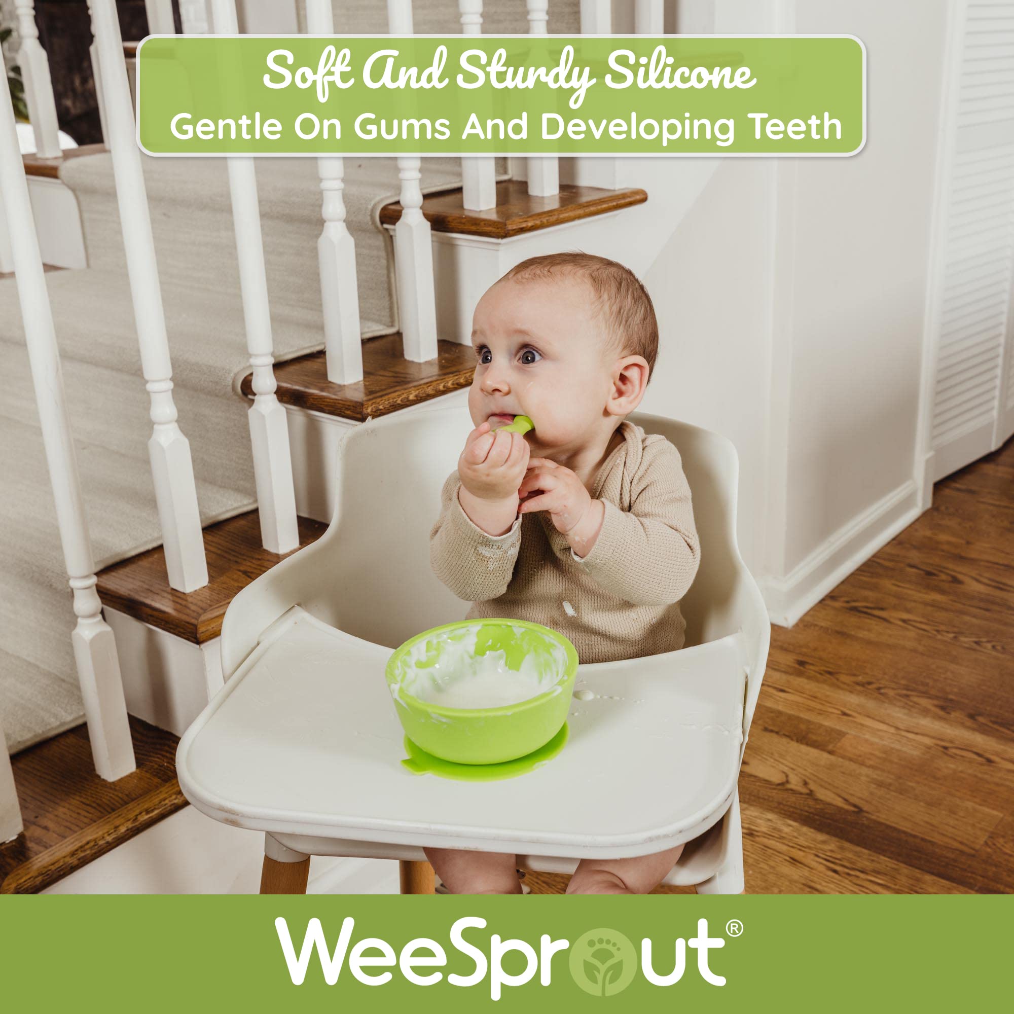 WeeSprout Baby Spoons for Self Feeding 6 Months +, Soft & Chew Proof Durable Silicone Utensils for Sensitive Gums & Teeth, Easy Grip Handles & Shorter Length for Little Hands, 3 Pack + Carrying Case