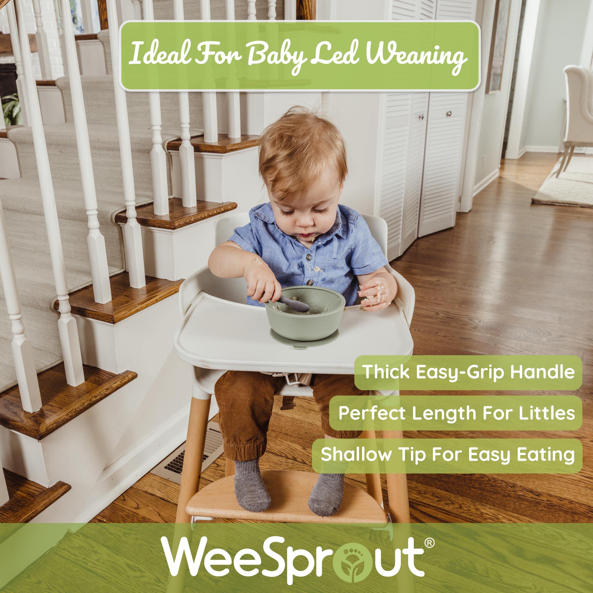 WeeSprout Baby Spoons for Self Feeding 6 Months +, Soft & Chew Proof Durable Silicone Utensils for Sensitive Gums & Teeth, Easy Grip Handles & Shorter Length for Little Hands, 3 Pack + Carrying Case