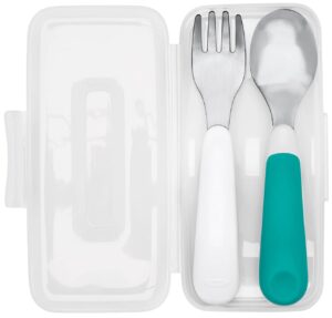 oxo tot on-the-go fork and spoon set, stainless steel, tpr, plastic - teal