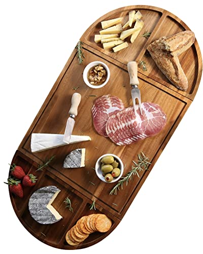 Synergy Loop Large Charcuterie Board & Cheese Board - 3 Part Unique Long & Round Magnetic Set - Acacia Wood Grazing Board - Extra Large Wooden Serving Board Platter - 26x13