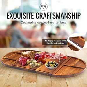 Synergy Loop Large Charcuterie Board & Cheese Board - 3 Part Unique Long & Round Magnetic Set - Acacia Wood Grazing Board - Extra Large Wooden Serving Board Platter - 26x13