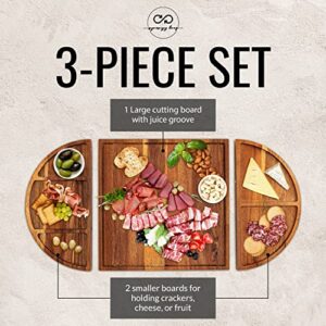 Synergy Loop Large Charcuterie Board & Cheese Board - 3 Part Unique Long & Round Magnetic Set - Acacia Wood Grazing Board - Extra Large Wooden Serving Board Platter - 26x13