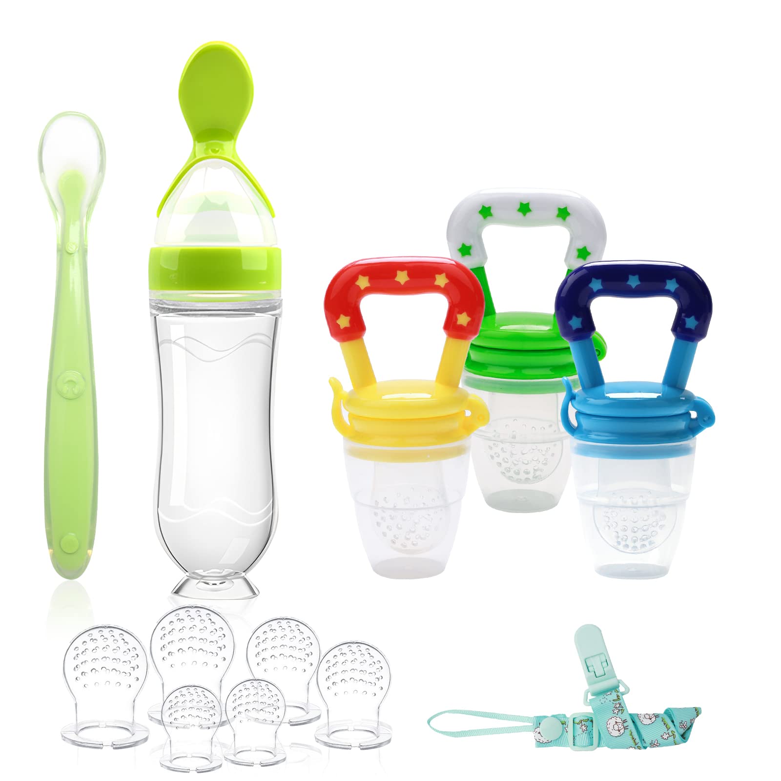 Food Feeder for Baby, Fruit Feeder Pacifier (3 Pcs) with 6 Different Sized Silicone Pacifiers 1 PCS Silicone Baby Food Dispensing Spoon 90ML with 1 PC Baby Spoons 1 PC Pacifier Clip Baby Feeding Set