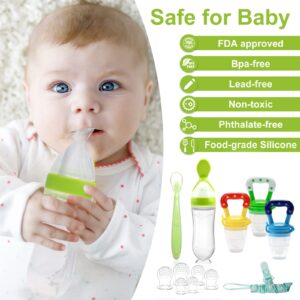 Food Feeder for Baby, Fruit Feeder Pacifier (3 Pcs) with 6 Different Sized Silicone Pacifiers 1 PCS Silicone Baby Food Dispensing Spoon 90ML with 1 PC Baby Spoons 1 PC Pacifier Clip Baby Feeding Set