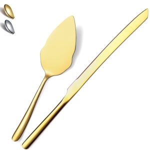 gold wedding cake knife and server set, stainless steel cake cutting set for wedding, include cake cutter and cake server for wedding, parties, activities, family, dishwasher safe (shiny gold)