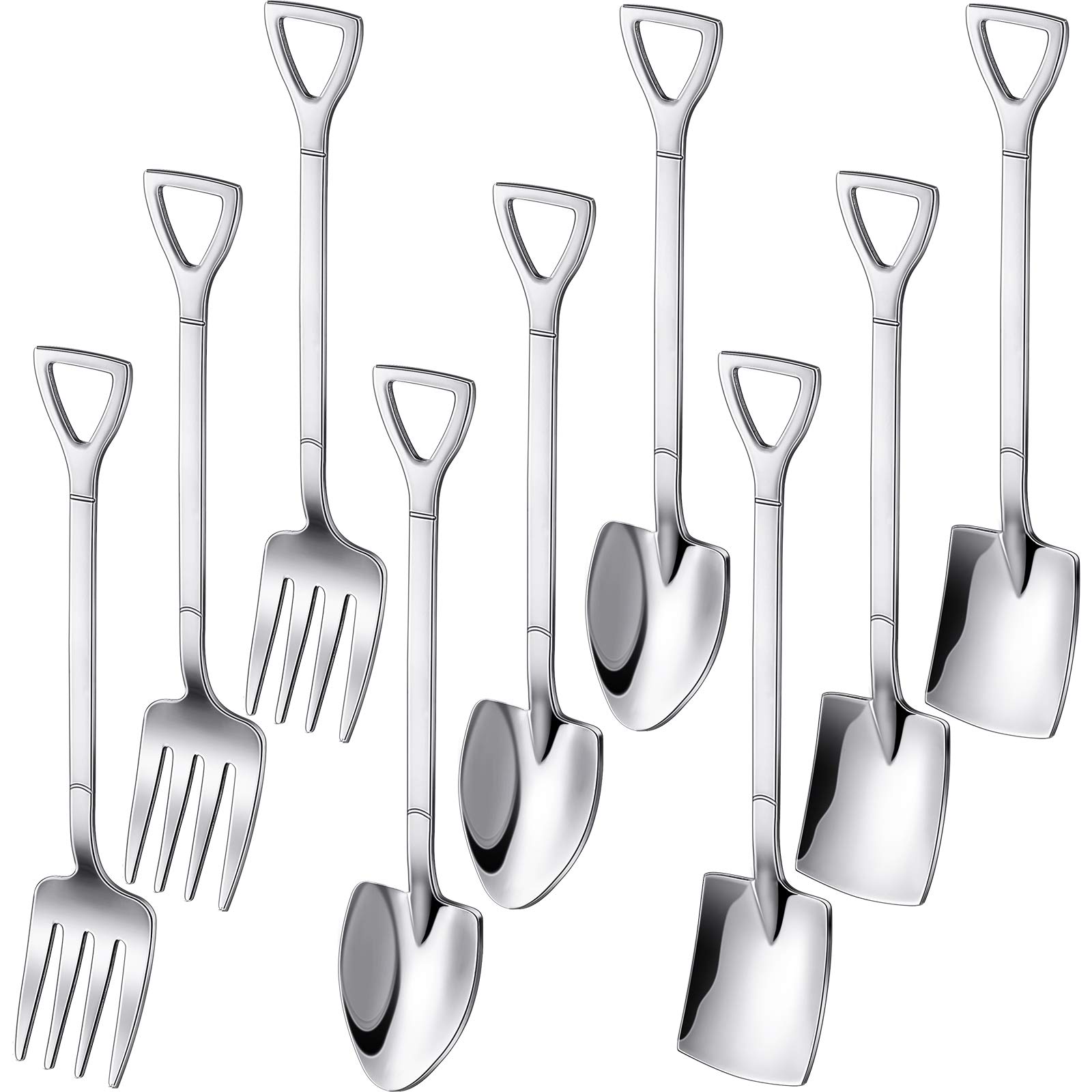 9 Pcs Mini Shovel Spoons and Fork Set for Desserts Include 3 Shovel Shape Spoons 3 Pointed Spoons and 3 Stainless Steel Fork Spoons Ice Cream Spoons for Home Party Kitchen Restaurant Bistro (Silver)