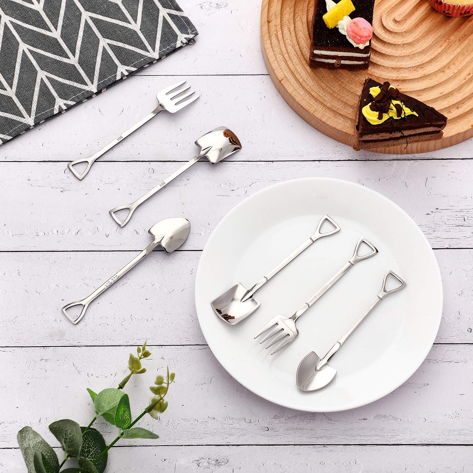 9 Pcs Mini Shovel Spoons and Fork Set for Desserts Include 3 Shovel Shape Spoons 3 Pointed Spoons and 3 Stainless Steel Fork Spoons Ice Cream Spoons for Home Party Kitchen Restaurant Bistro (Silver)