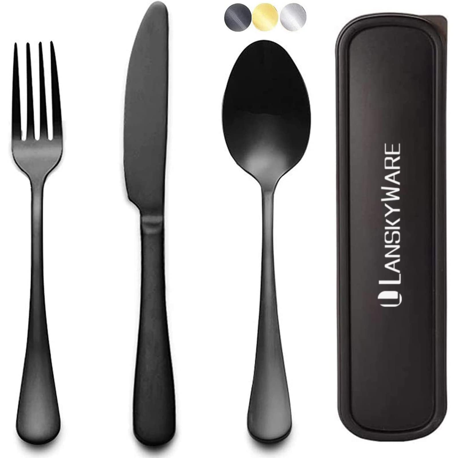 Portable Travel Utensils Set, 18/8 Stainless Steel 3 PCS Cutlery Set Including Knife Fork and Spoon, Reusable Travel Silverware Set with Case for Lunch Box Camping School Office