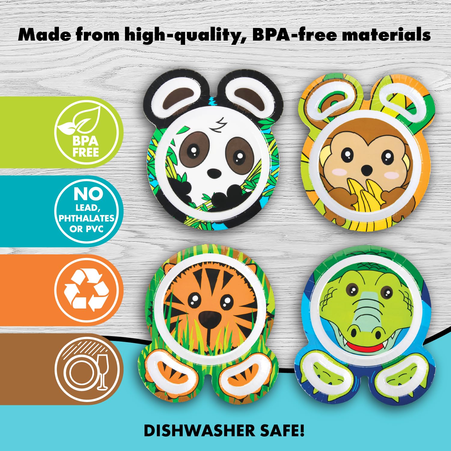 Bentology Zoo Friends Mealtime Melamine Feeding Plates - Set of 4 Different Cute Animal Pal Dishes for Kids - Panda, Alligator, Tiger & Monkey - Divided Compartments, BPA Free