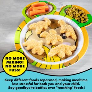 Bentology Zoo Friends Mealtime Melamine Feeding Plates - Set of 4 Different Cute Animal Pal Dishes for Kids - Panda, Alligator, Tiger & Monkey - Divided Compartments, BPA Free