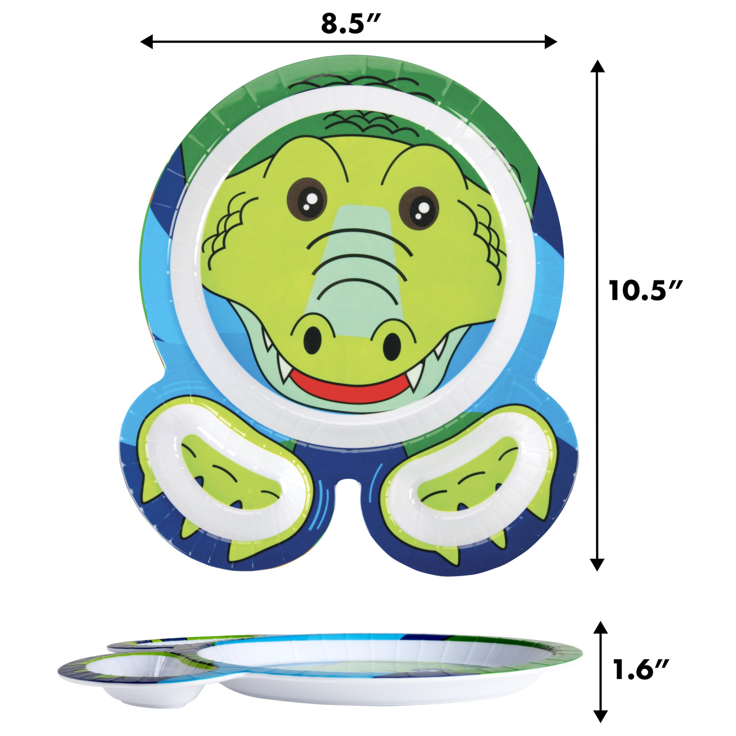 Bentology Zoo Friends Mealtime Melamine Feeding Plates - Set of 4 Different Cute Animal Pal Dishes for Kids - Panda, Alligator, Tiger & Monkey - Divided Compartments, BPA Free