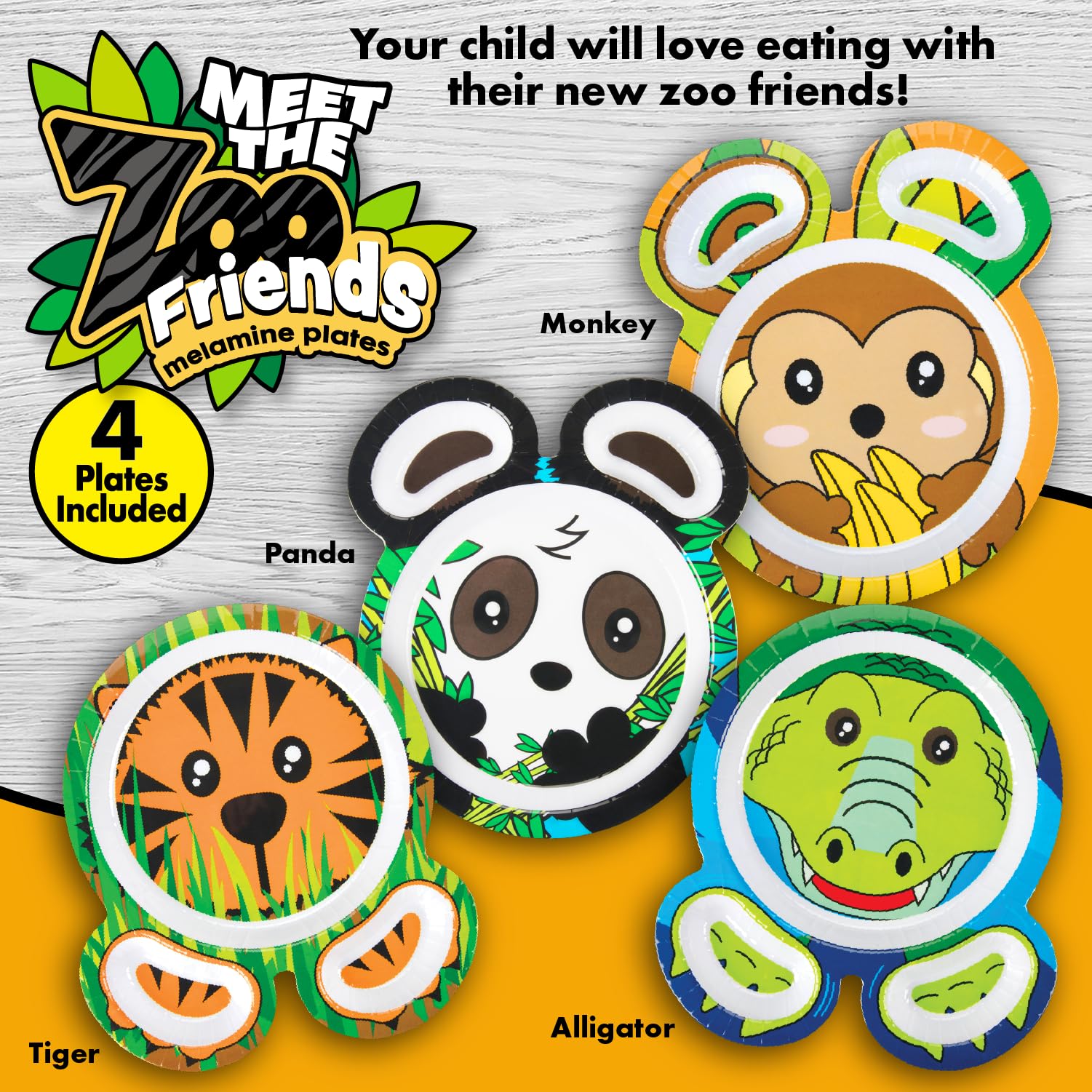 Bentology Zoo Friends Mealtime Melamine Feeding Plates - Set of 4 Different Cute Animal Pal Dishes for Kids - Panda, Alligator, Tiger & Monkey - Divided Compartments, BPA Free