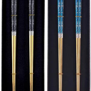 Metal Chopsticks Titanium Plated Stainless Steel Chopsticks Reusable Dishwasher safe Japanese Korean Chopstick lightweight Anti-slip Chop sticks 2 Pairs Blue Gold and 2 Pairs Black Gold Bundle Set