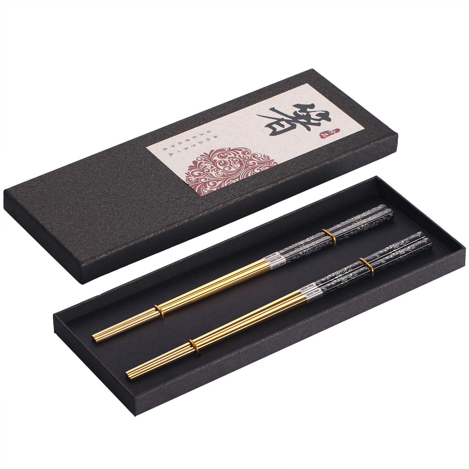 Metal Chopsticks Titanium Plated Stainless Steel Chopsticks Reusable Dishwasher safe Japanese Korean Chopstick lightweight Anti-slip Chop sticks 2 Pairs Blue Gold and 2 Pairs Black Gold Bundle Set