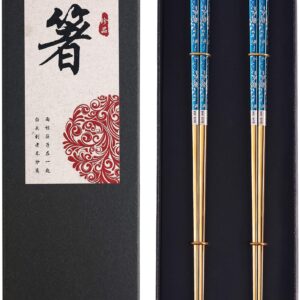 Metal Chopsticks Titanium Plated Stainless Steel Chopsticks Reusable Dishwasher safe Japanese Korean Chopstick lightweight Anti-slip Chop sticks 2 Pairs Blue Gold and 2 Pairs Black Gold Bundle Set