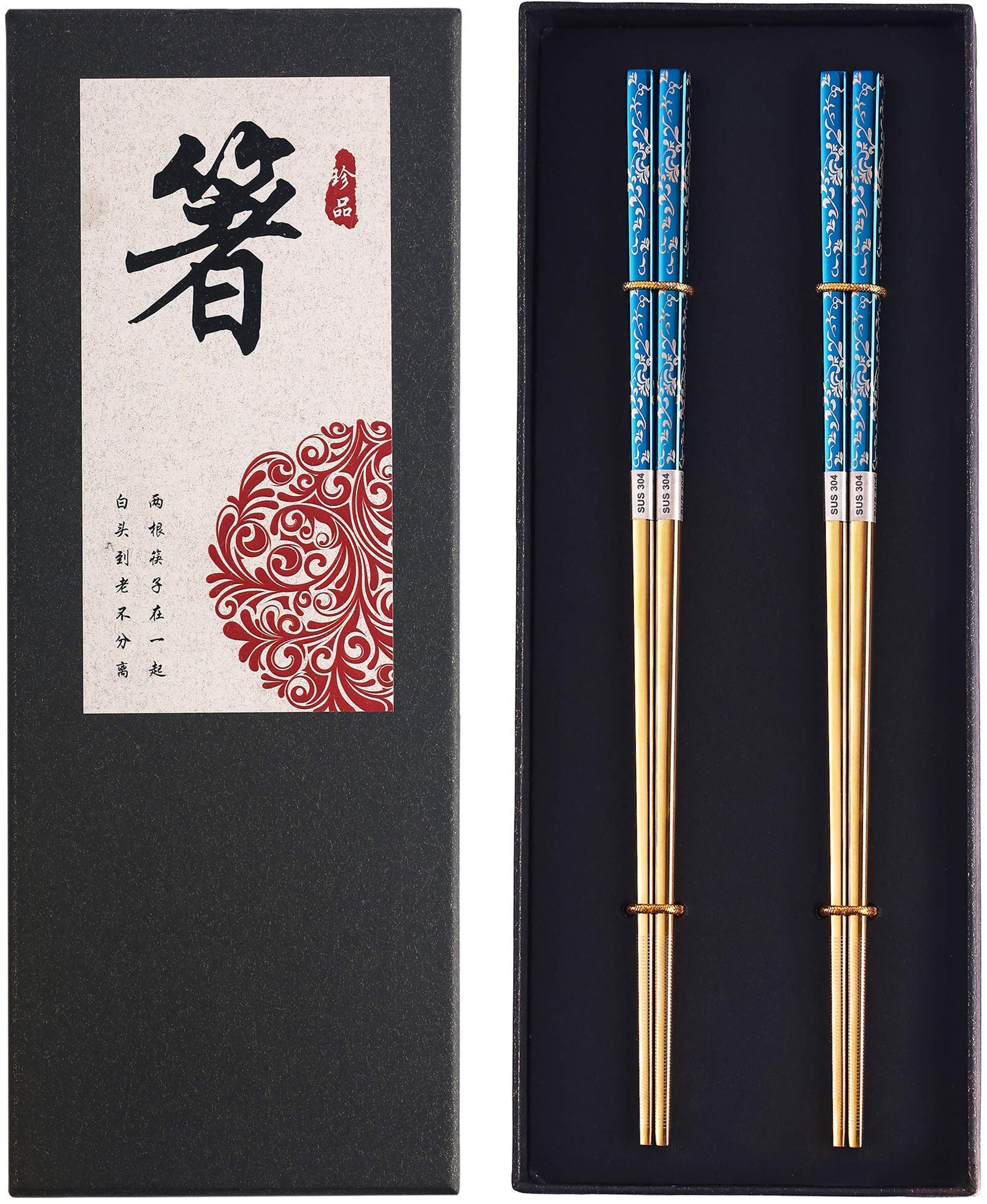 Metal Chopsticks Titanium Plated Stainless Steel Chopsticks Reusable Dishwasher safe Japanese Korean Chopstick lightweight Anti-slip Chop sticks 2 Pairs Blue Gold and 2 Pairs Black Gold Bundle Set