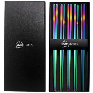 emrstores stainless steel chopsticks - multicolor reusable chopsticks - 5 pairs dishwasher safe metal chopsticks - easy to use - square lightweight chop sticks - gift set