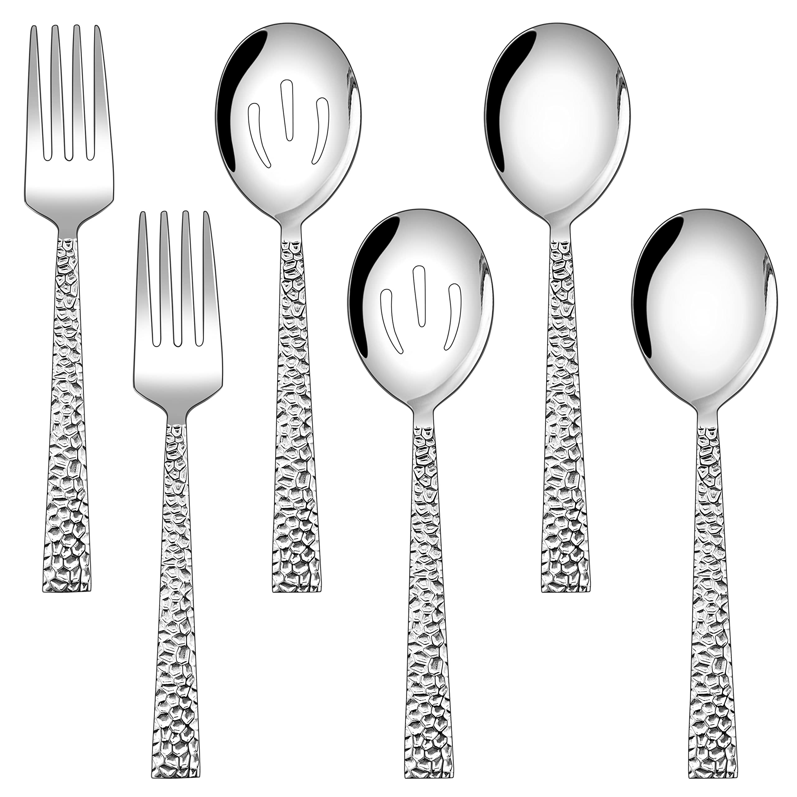 E-far Hammered Serving Utensils Set of 6, Stainless Steel 8.7 Inch Square Hostess Serving Set, Metal Serving Spoon Slotted Spoons Forks for Party Buffet Catering, Mirror Finished & Dishwasher Safe