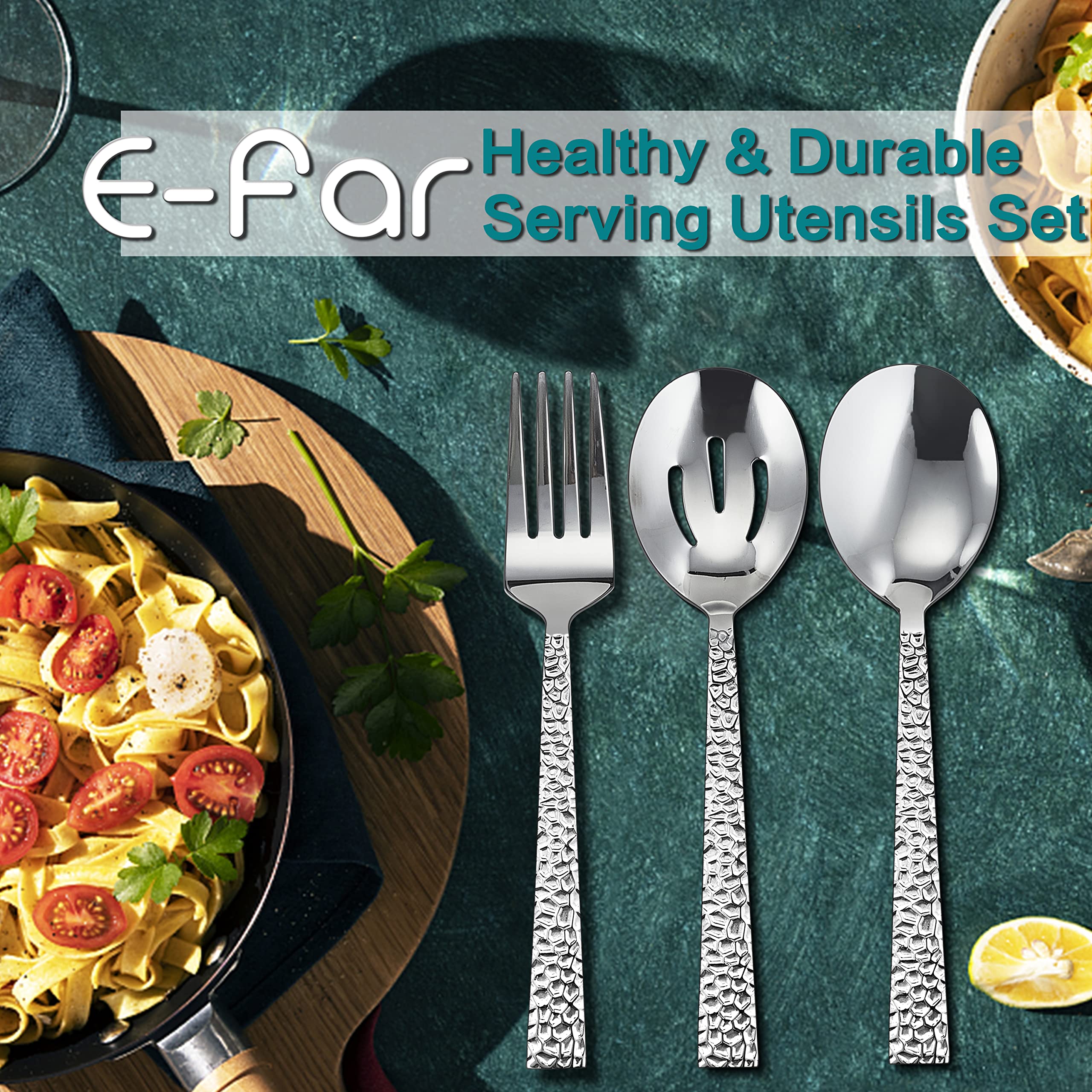 E-far Hammered Serving Utensils Set of 6, Stainless Steel 8.7 Inch Square Hostess Serving Set, Metal Serving Spoon Slotted Spoons Forks for Party Buffet Catering, Mirror Finished & Dishwasher Safe