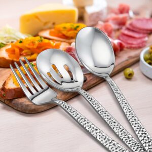 E-far Hammered Serving Utensils Set of 6, Stainless Steel 8.7 Inch Square Hostess Serving Set, Metal Serving Spoon Slotted Spoons Forks for Party Buffet Catering, Mirror Finished & Dishwasher Safe