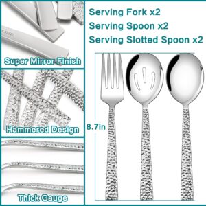 E-far Hammered Serving Utensils Set of 6, Stainless Steel 8.7 Inch Square Hostess Serving Set, Metal Serving Spoon Slotted Spoons Forks for Party Buffet Catering, Mirror Finished & Dishwasher Safe