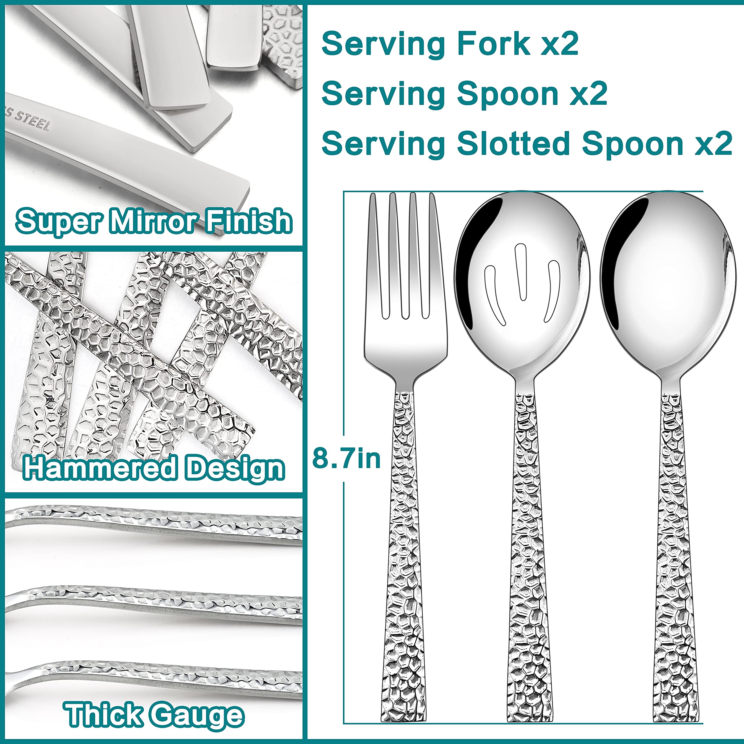 E-far Hammered Serving Utensils Set of 6, Stainless Steel 8.7 Inch Square Hostess Serving Set, Metal Serving Spoon Slotted Spoons Forks for Party Buffet Catering, Mirror Finished & Dishwasher Safe