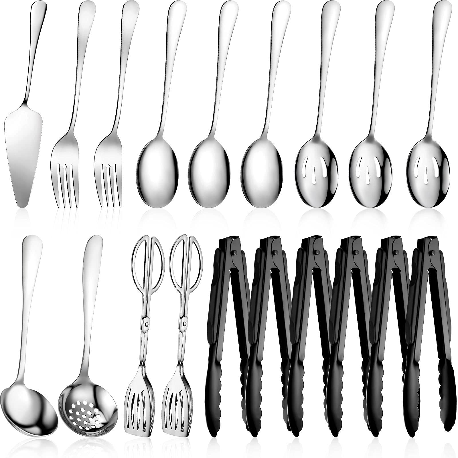 Tanlade 19 Pcs Stainless Steel Serving Utensils Set Flatware Include Spoons Forks Slotted Spoons Soup Ladle Skimmers Pie Server Serving Tongs for Home Buffet Party Breakfast Dinner(Silver, Black)