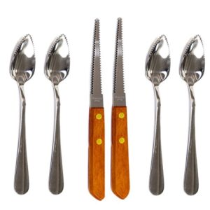 four (4) grapefruit spoons and 2 grapefruit knives, stainless steel, serrated edges