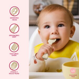 Silicone Baby Spoon Set | Baby Spoons Self Feeding 6 Months | BPA Free Baby Led Weaning Spoons Stage 1 & 2 for Kids 6+ Months | Silicone Baby Feeding Spoon Set - 4 Spoons, Sunrise/French Beige