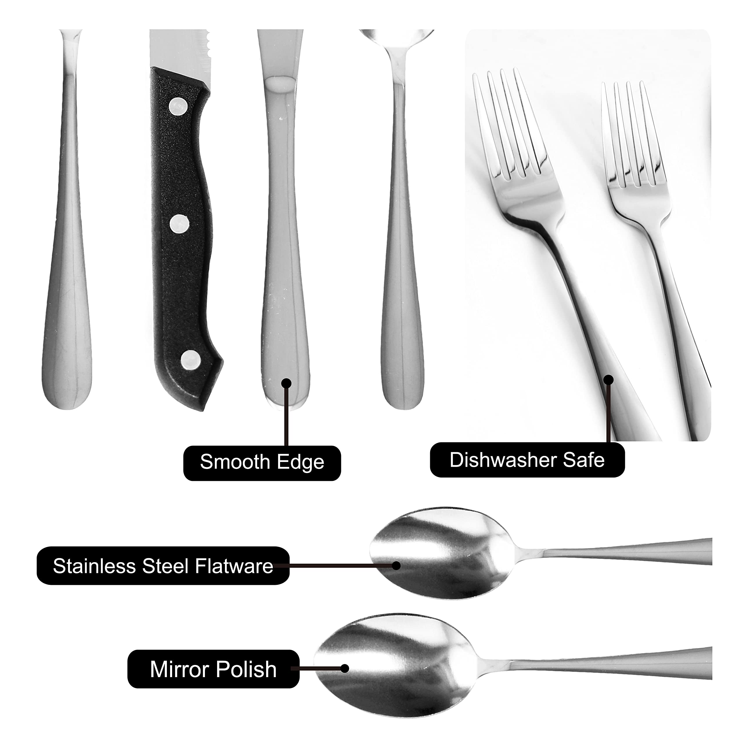 Silverware Set, QOUTIQUE 48 Piece Stainless Steel Flatware, Service for 8 Cutlery Set Utensils, for Home Kitchen Restaurant, Include Knives Spoons Forks Steak Knives, Mirror Polished, Dishwasher Safe