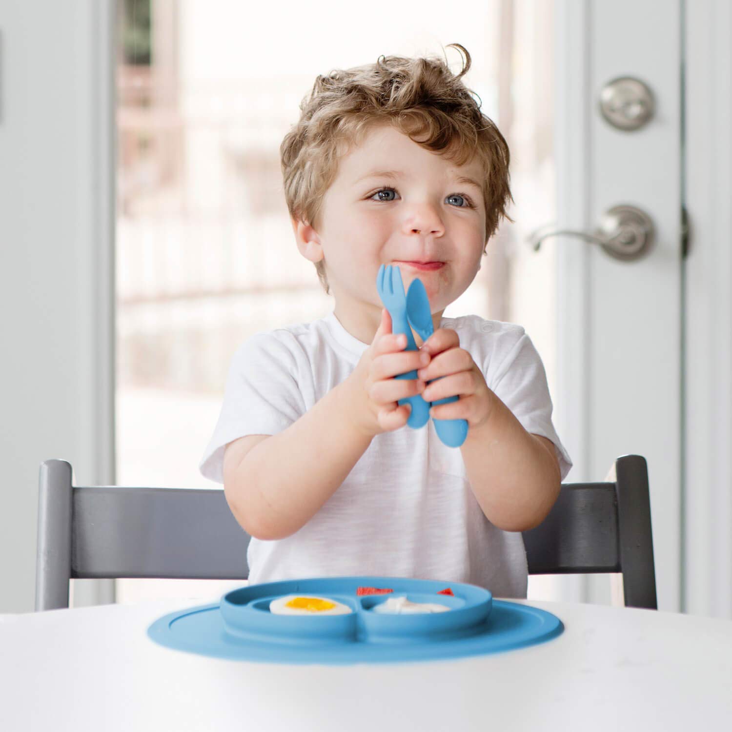 ezpz Mini Utensils (Fork & Spoon in Blue) - 100% BPA Free Fork and Spoon for Toddlers First Foods + Self-Feeding - Designed by a Pediatric Feeding Specialist - 12 Months+