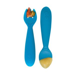 ezpz Mini Utensils (Fork & Spoon in Blue) - 100% BPA Free Fork and Spoon for Toddlers First Foods + Self-Feeding - Designed by a Pediatric Feeding Specialist - 12 Months+