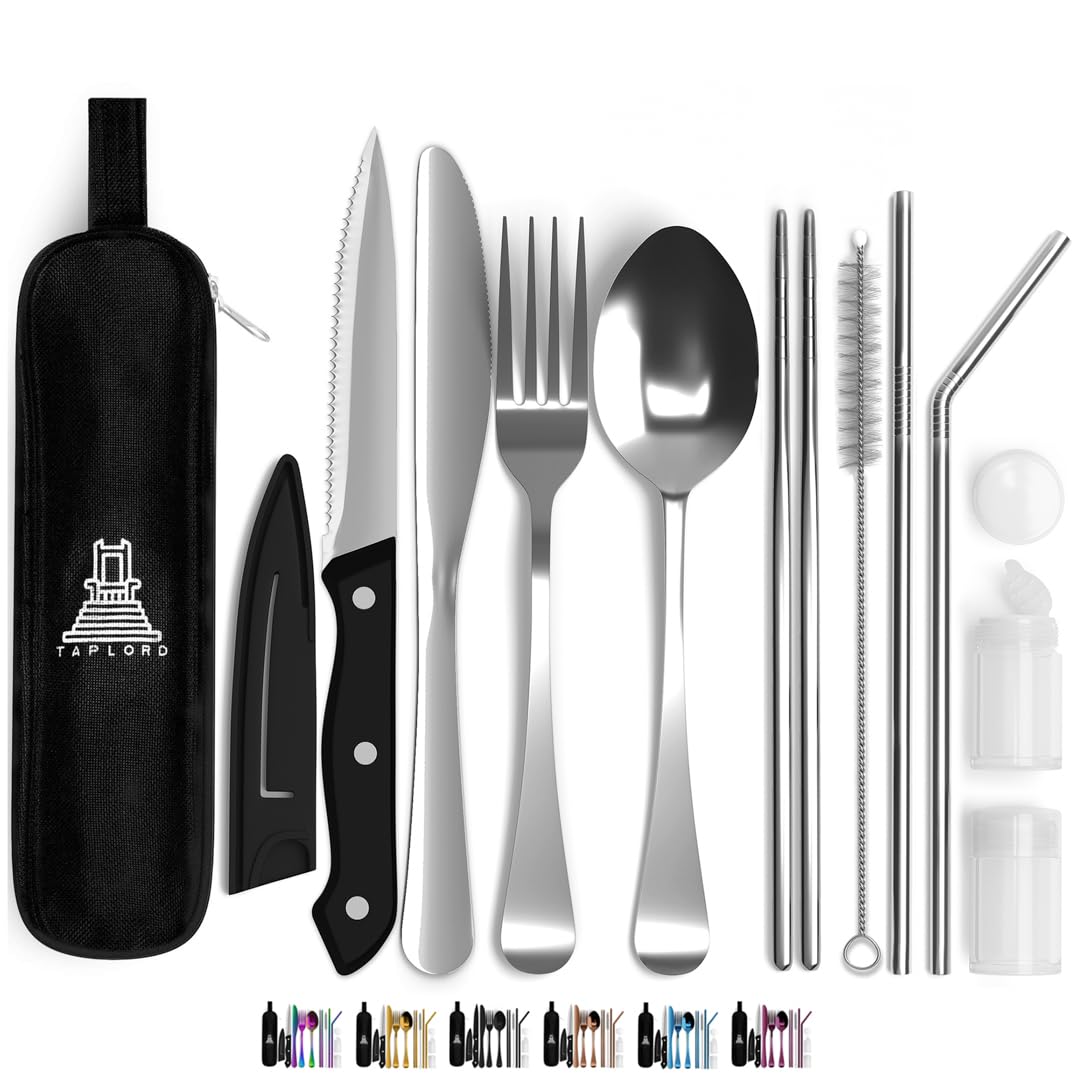 Taplord Portable Travel Silverware Set With Case, Includes 10 Pcs of Travel Utensils With Case, Stainless Steel Flatware Set For Camping, Easy to Travel, Lightweight (Silver)