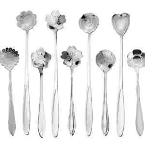 9 Pcs Flower Spoon Coffee Teaspoon Set, ESRISE Stainless Steel Tea Spoon essert Spoon, Cute Demitasse Scoop for Stirring Drink Mixing Milkshake Jam (Silver)