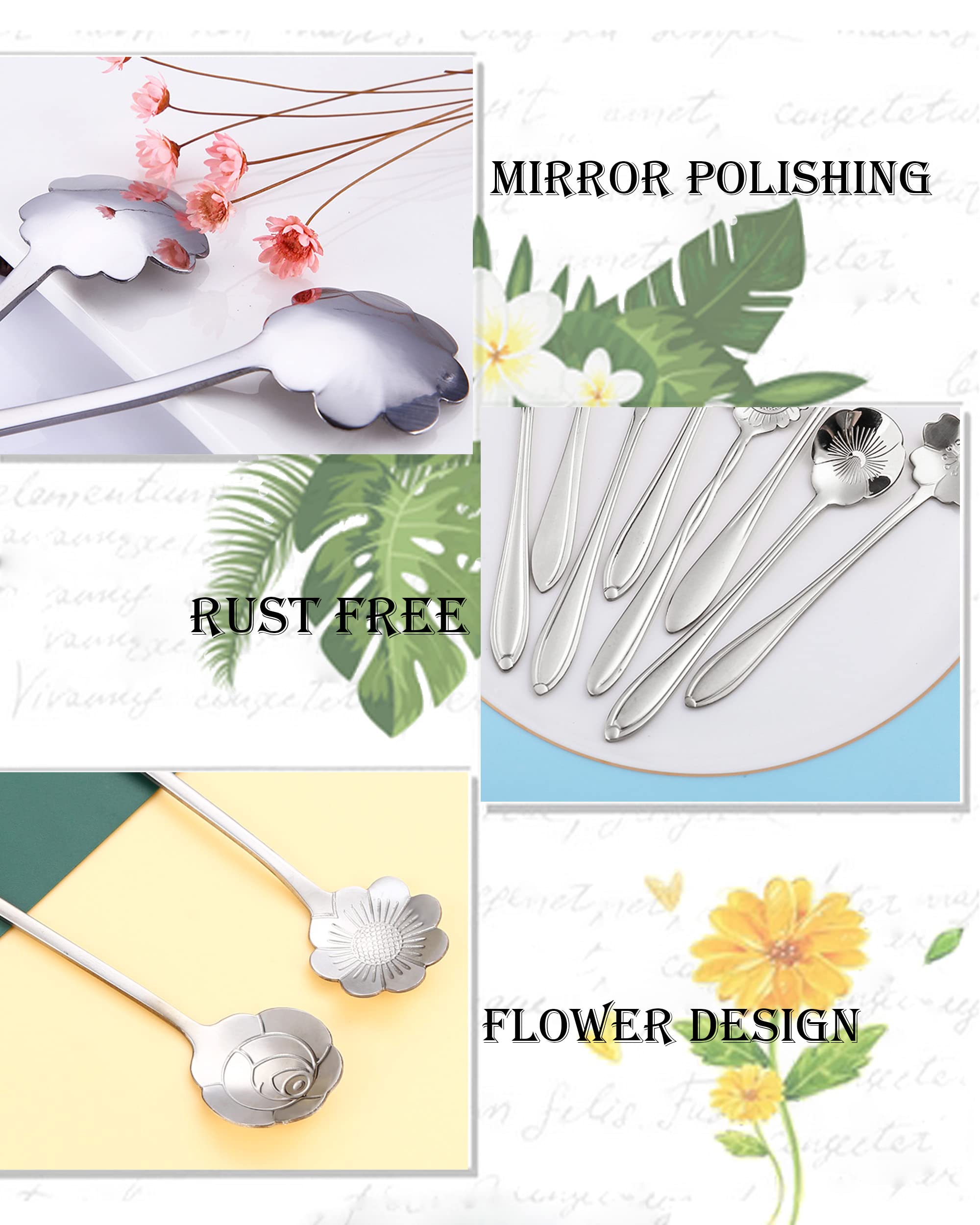 9 Pcs Flower Spoon Coffee Teaspoon Set, ESRISE Stainless Steel Tea Spoon essert Spoon, Cute Demitasse Scoop for Stirring Drink Mixing Milkshake Jam (Silver)